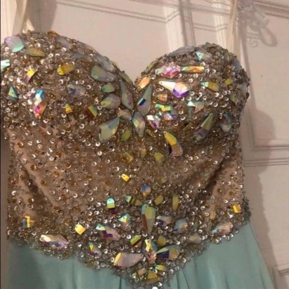 Dresses | Terani Couture Turquoise Strapless Dress With Crystals | Poshmark